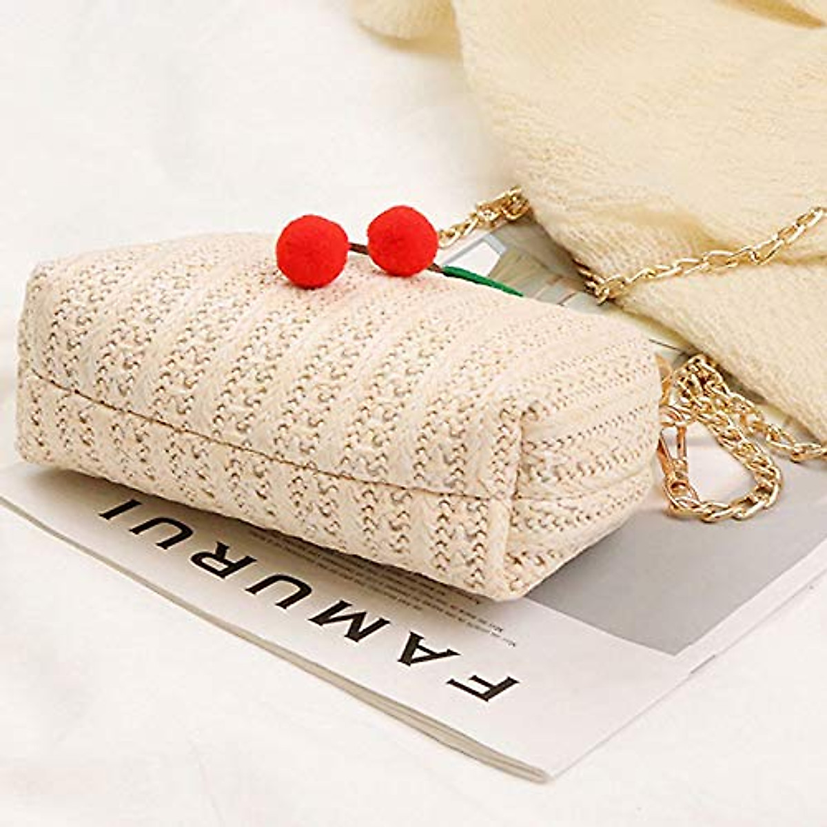 Buddy Supplies Women Straw Weave Handbag Summer Beach Purse Kiss Lock Shoulder Bag Chain Crossbody Bag beige