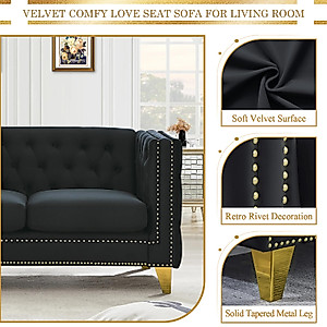 58-Inch Velvet Loveseat Sofa, Comfy Couch for Living Room, Modern Sofa with Tufted Back and Rivet Decoration, Upholstered Small Love Seat with Solid Golden Metal Tapered Legs, Black