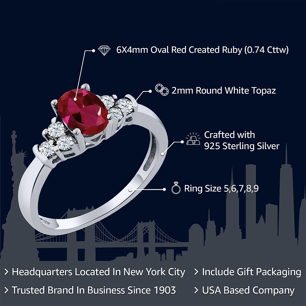 Gem Stone King 925 Sterling Silver Oval Red Created Ruby and White Topaz Ring For Women (0.74 Cttw, Available In Size 5, 6, 7, 8, 9)