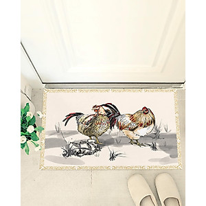 Shag Door Mats Bath Rugs Farmhouse Rooster Ink Art Oriental Art,Soft Fluffy Doormats Non Slip Carpet Farm Animal Retro Border,Shaggy Fuzzy Area Throw Rug for Kitchen/Bathroom/Bedroom 16x24In
