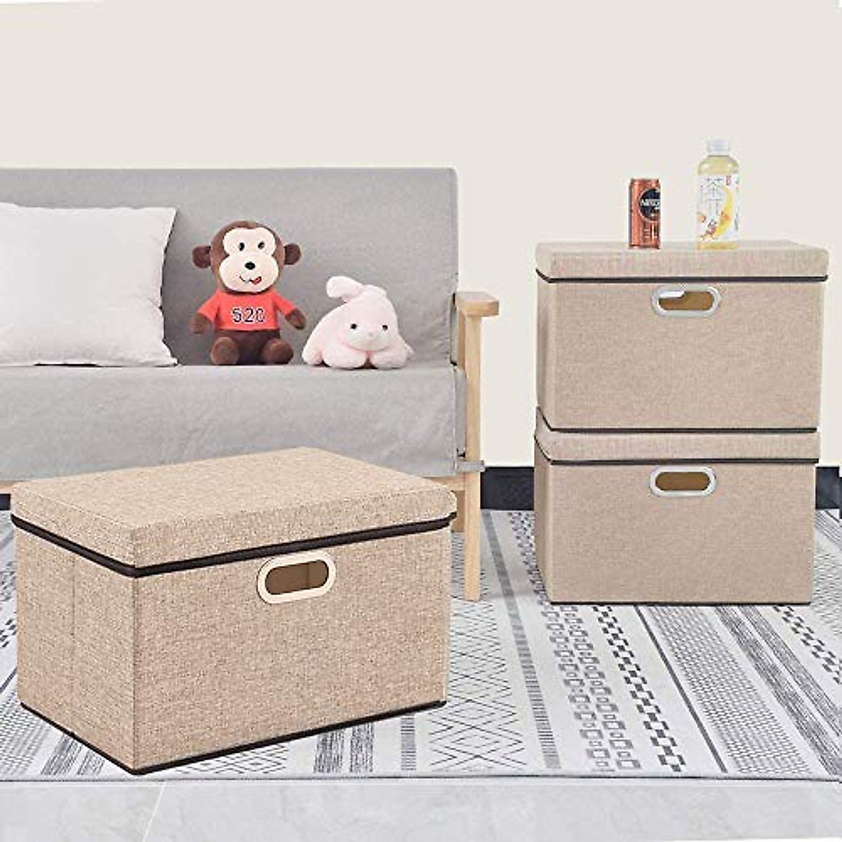 Foldable Fabric Storage Bins with Lids [3-Pack]with Removable Lid and Handles Fashionable Decorative Collapsible Linen Organizer Box Used For Clothes Toys Books CDS Home Closet Bedroom Office