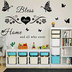 Vinyl Wall Stickers Quotes Wall Art Decal Sticker Bless This Home and All Who Enter Wall Decals Flowers Butterfly Wall Decor Sticker for Entryway Living Room Home Decor.