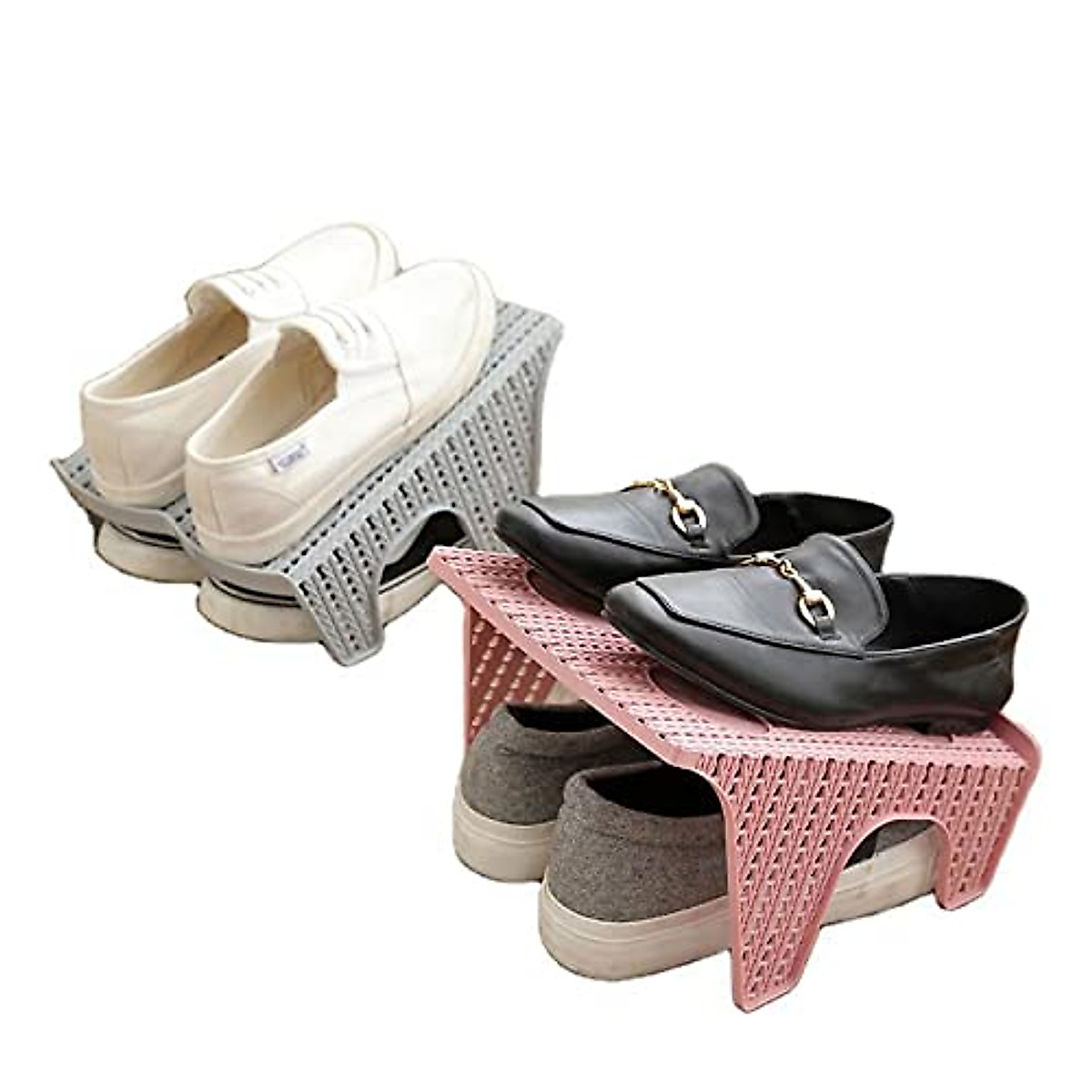 5PCS Plastic Shoe Slots Double-Row Shoe Rack High Heel Storage Organizer Space Saving Shoe Organizer for Bedroom (Pink)