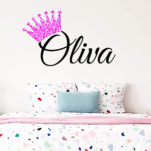 Girls Princess Pink Tiara Crown Nursery Custom Name Personalized Wall Decal, Wall Sticker Decor (Large)