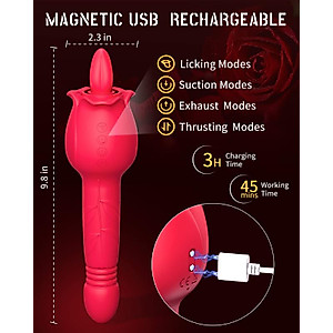 Rose Sex Toys for Women - 3in1 Rose Sex Toy Vibrator with 2 Sucking Cups, Clitoral Nipple Vibrators with 7 Tongue Licking & 3 Thrusting G Spot Dildo, Adult Sex Toys Woman Sex Machine
