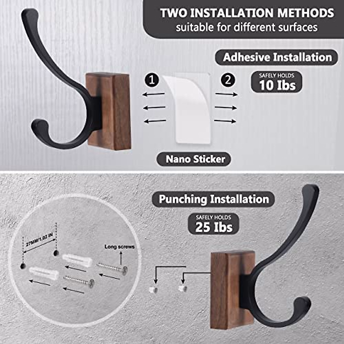 Wood Wall Hooks, 3 Pack Wall Hooks Heavy Duty, Rustic Wood Hooks Wall Mounted, Wall Hooks for Hanging Coat, Towel, Keys, Hat, Umbrella, Bag, Rag and Kitchen Utensils