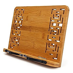 wishacc Bamboo Book Stand Reading Rest Holder Cookbook Cook Stand/Foldable Tablet PC Textbook/Music Document Stand/Desk Bookrest with Retro Hollow Elegant Pattern