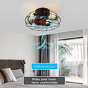 Cluelyhoo 20” Low Profile Caged Ceiling Fan with Lights, Bladeless Ceiling Fan with Light, Remote Ceiling Fan with Lights, Black Flash Mount Ceiling Fan