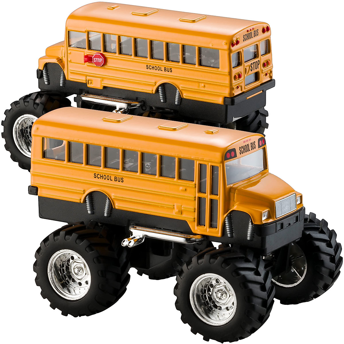 Bedwina Die Cast Yellow School Bus - 2 Pack Set Monster Truck School Bus, Pull Back Car Toys, Play Vehicles and Gifts for Kids Great for Party Favors, Stocking Stuffers
