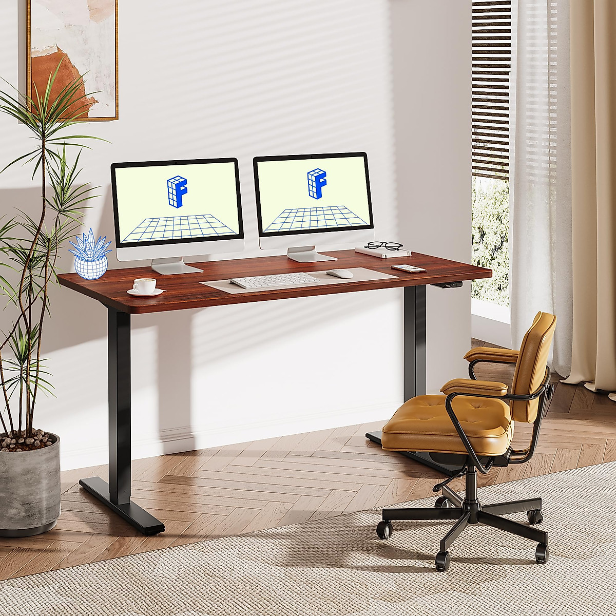 FLEXISPOT EC1 Standing Desk 55 x 28 Inches Electric Stand Up Desk Workstation, Whole-Piece Desk Board Home Office Computer Height Adjustable Desk (Black Frame + 55" Mahogany Top 2 Packages)