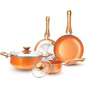 FRUITEAM 6-piece Nonstick Kitchen Cookware Set, Ceramic Coating Cooking Stock / Milk Pot/Frying Pans, Copper Aluminum Pan with Lid, Induction/Gas Kitchenware
