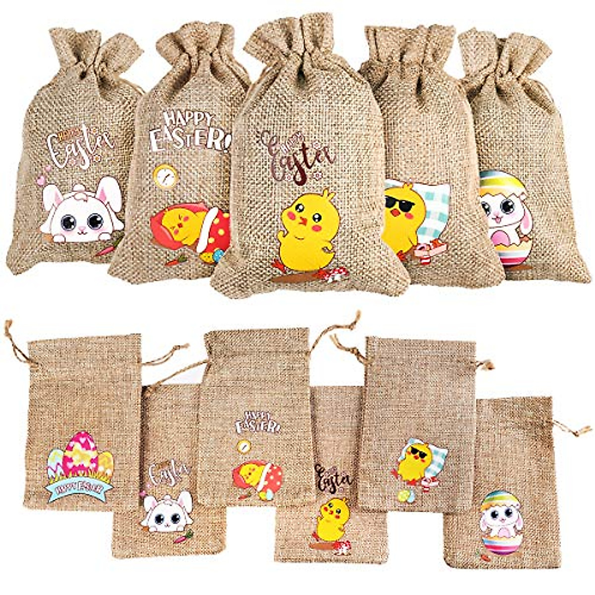 DIYASY 36 Pcs Easter Burlap Goody Bags,Egg Bunny Chick Treat Drawstring Linen Bags for Easter Party Favor.