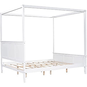 CITYLIGHT Canopy Bed with Headboard & Footboard,Wooden Canopy Bed Frame Queen , Queen Platform Bed Frame with Slat Support Legs for Teens Adults, No Box Spring Needed (Queen ,White)