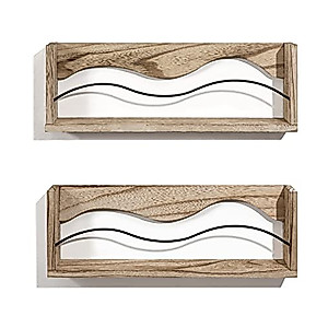 Sapowerntus Wood Book Shelves Wall Mounted, Rustic Nursery Magazine Holder Organizer Vinyl Record Rack with Curve Rail Wave Design, Wall Bookshelf Home Room Office Decor, Set of 2