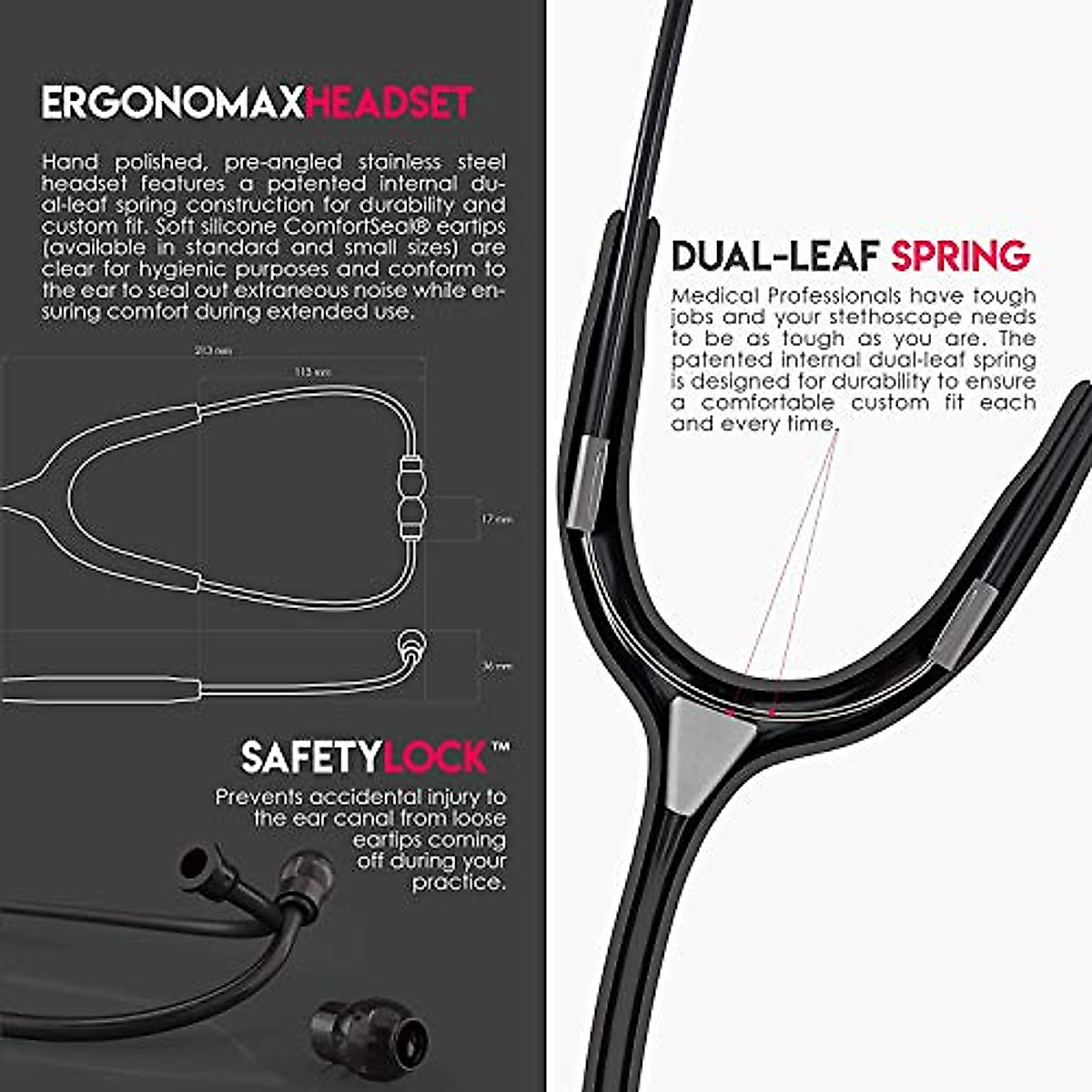 MDF MD One Stainless Steel Stethoscope, Adult, Black Tube, Black Chestpieces-Headset, MDF777BO