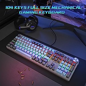 Mechanical Gaming Keyboard, RGB Backlit 104 Keys Full Size Keyboard with Multimedia Knob, Double Shot Keycaps, Full Anti-Ghosting, Blue Switch Wired Computer Keyboard for Windows PC Mac Xbox Gamer