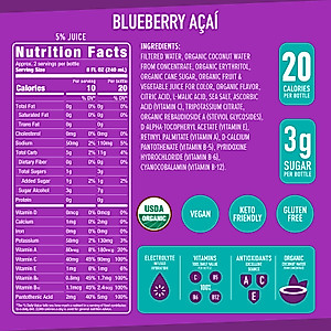 Roar Organic Electrolyte Infusions - USDA Organic - Blueberry Acai - with Antioxidants, B Vitamins, Low-Calorie, Low-Sugar, Low-Carb, Coconut Water Infused Beverage 18 Fl Oz (Pack of 12)