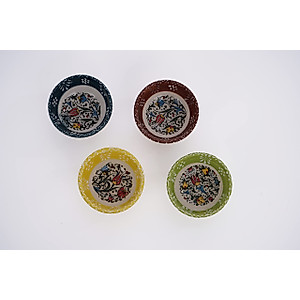 Silkroad Home Goodies Set of 4 Ceramic Sauce Dishes in Gift Box, Handprinted Turkish Pottery Mini Serving Plates