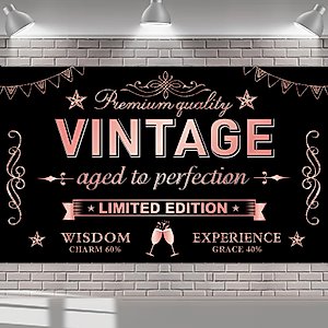 Guiruiy Rose Gold Happy Birthday Banner Decorations for Women, Vintage Birthday Backdrop Party Supplies, 30th 40th 50th 60th 70th 80th 90th Birthday Photo Props Background for Indoor Outdoor