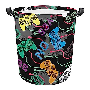 HoaMoya Collapsible Colorful Joysticks Gamepad Laundry Basket Cool Gamer Slogan Freestanding Laundry Hamper With Handles Large Waterproof Cloth Toy Storage Bin for Household Bedroom Bathroom