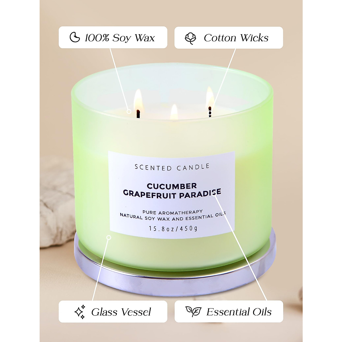 Cucumber Grapefruit Paradise Large Candle - 3 Wick Candle - Highly Scented Candle for Home 15.8 Oz - Natural Soy Candle Long Lasting, Clean Burn - Aromatherapy Stress Relief Candle for Men & Women