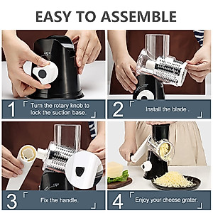 Ancevsk Rotary Cheese Grater with Handle, Manual Speed Round Cheese Shredder with Strong Suction Base, Easy to Use Potato Hashbrown Shredder with 3 Replaceable Stainless Steel Drum Blades (Black)