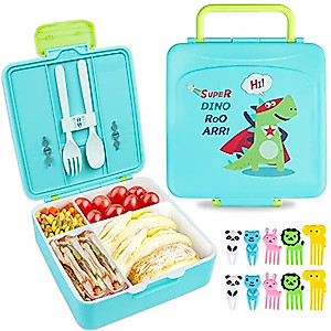 Bento Lunch Box for Kids, Dinosaur Lunch Box with 4 Compartment Bento,1300ml Lunch Containers with Sauce Jar, Spoon&Fork, Durable, Leak Proof, Dishwasher Safe, BPA-Free and Food-Safe Materials (Blue)