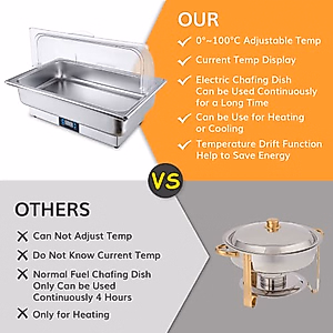 Electric Chafing Dish 9 QT Adjustable 0°C~100°C Roll Top Full Size Auto ShutOff Stainless Steel Buffet Servers and Warmers, Temp Display Programmable Food Warmer Transparent Lid Chafers for Catering