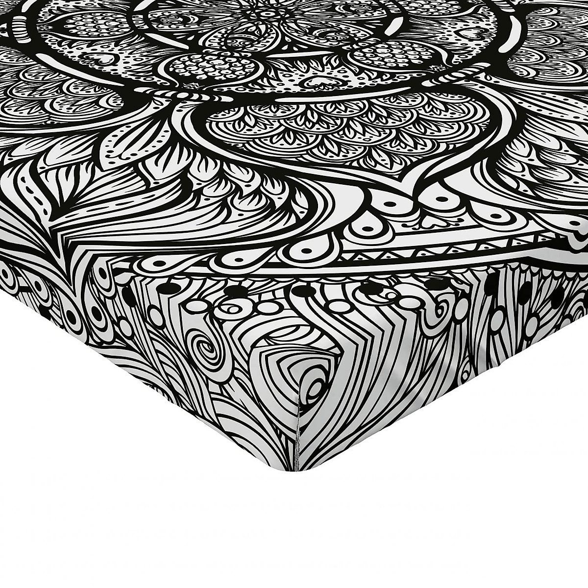 Ambesonne Ethnic Fitted Sheet, Mandala Inspired Art Hand Drawn Paisley Pattern Boho Native, Bed Cover with All-Round Elastic Deep Pocket for Comfort, Twin XL Size, Black and White