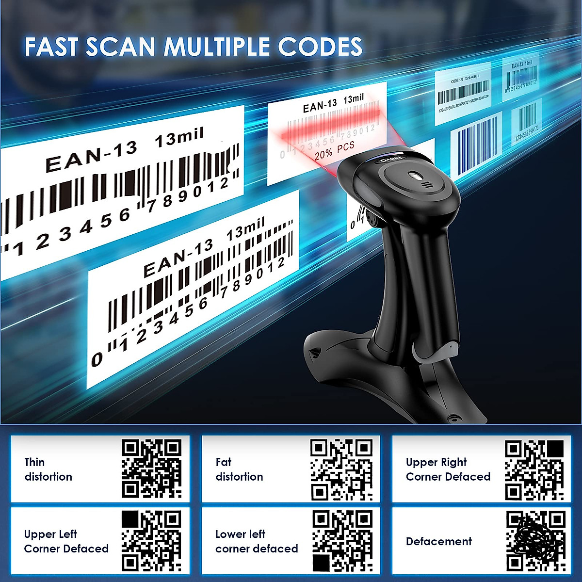 Eyoyo Wireless Barcode Scanner, 3-in-1 Bluetooth Barcode Scanner for Inventory, Cordless Vibration 1D 2D Qr Code Scanner, Handheld Wireless Barcode Reader for Windows iOS and Computers
