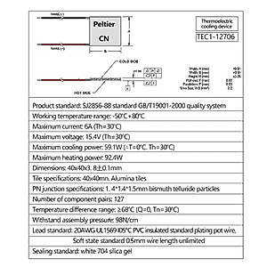 Teyleten Robot TEC1-12706 Heatsink Thermoelectric Cooler Cooling Peltier Plate Module 12V 6A 30W 40x40MM (5PCS)