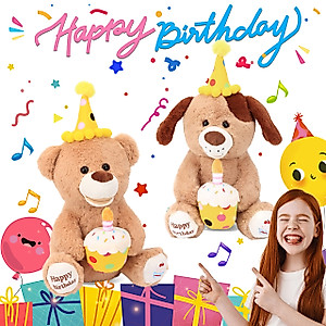 Hopearl Adorable Happy Birthday Teddy Bear with Glowing Cupcake Musical Stuffed Animal Bear Singing and Shaking Plush Toy Interactive Animated Kids Gifts, Brown, 15’’