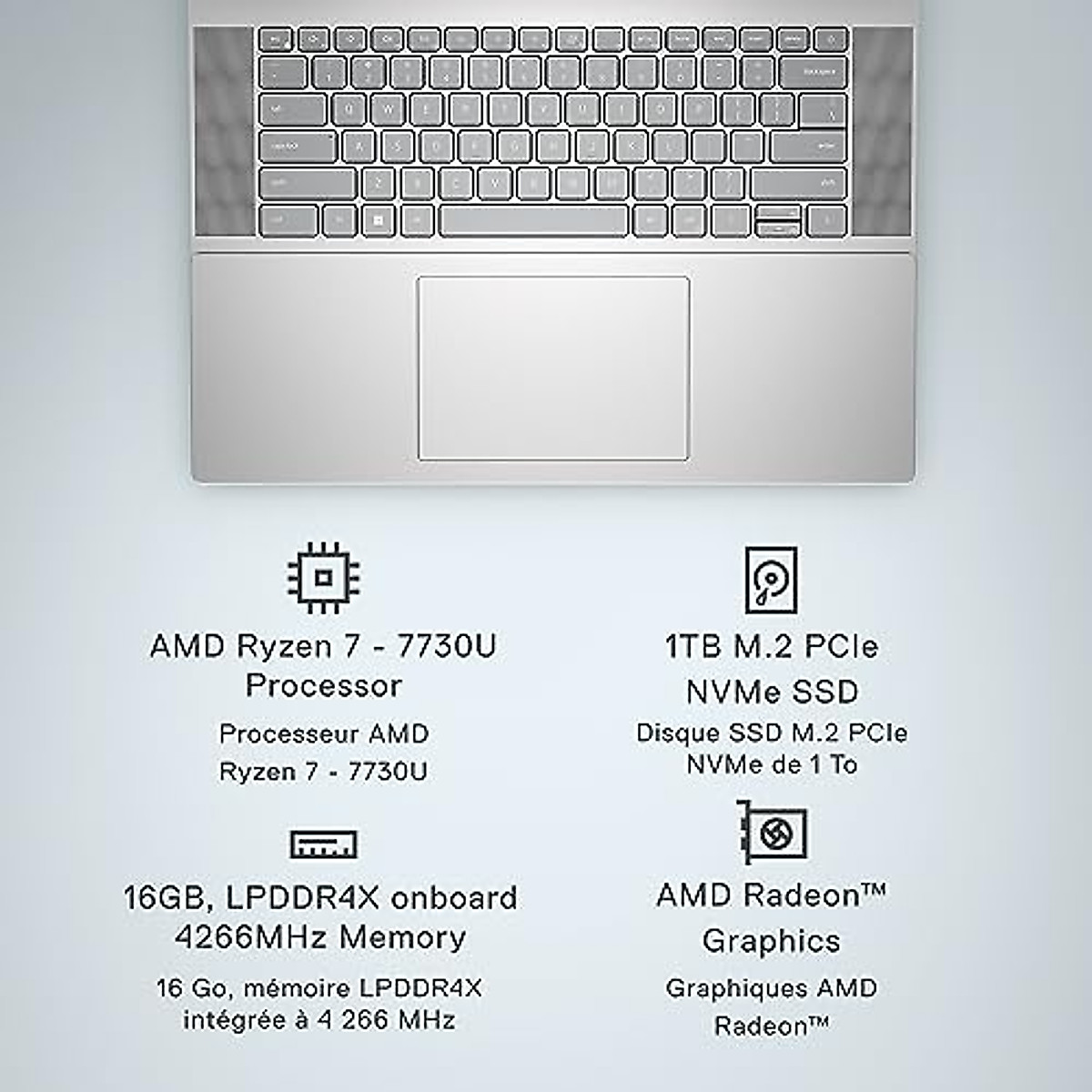 Dell Inspiron 16 5635 Laptop - AMD Ryzen 7-7730U, QHD 16 inch, 16GB LPDDR4x RAM, 1TB SSD, AMD Radeon Graphics, Windows 11 Home, 1 Year Premium Support - Platinum Silver