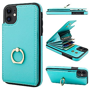 Folosu Compatible with iPhone 11 Case Wallet with Card Holder, 360°Rotation Finger Ring Holder Kickstand Protective RFID Blocking PU Leather Double Buttons Flip Shockproof Cover 6.1 Inch Green