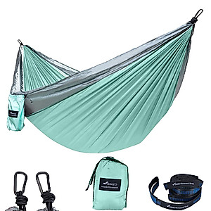 GEEZO Double Camping Hammock, Lightweight Portable Parachute (2 Tree Straps 16 LOOPS/10 FT Included) 500lbs Capacity Hammock for Backpacking, Camping, Travel, Beach, Garden
