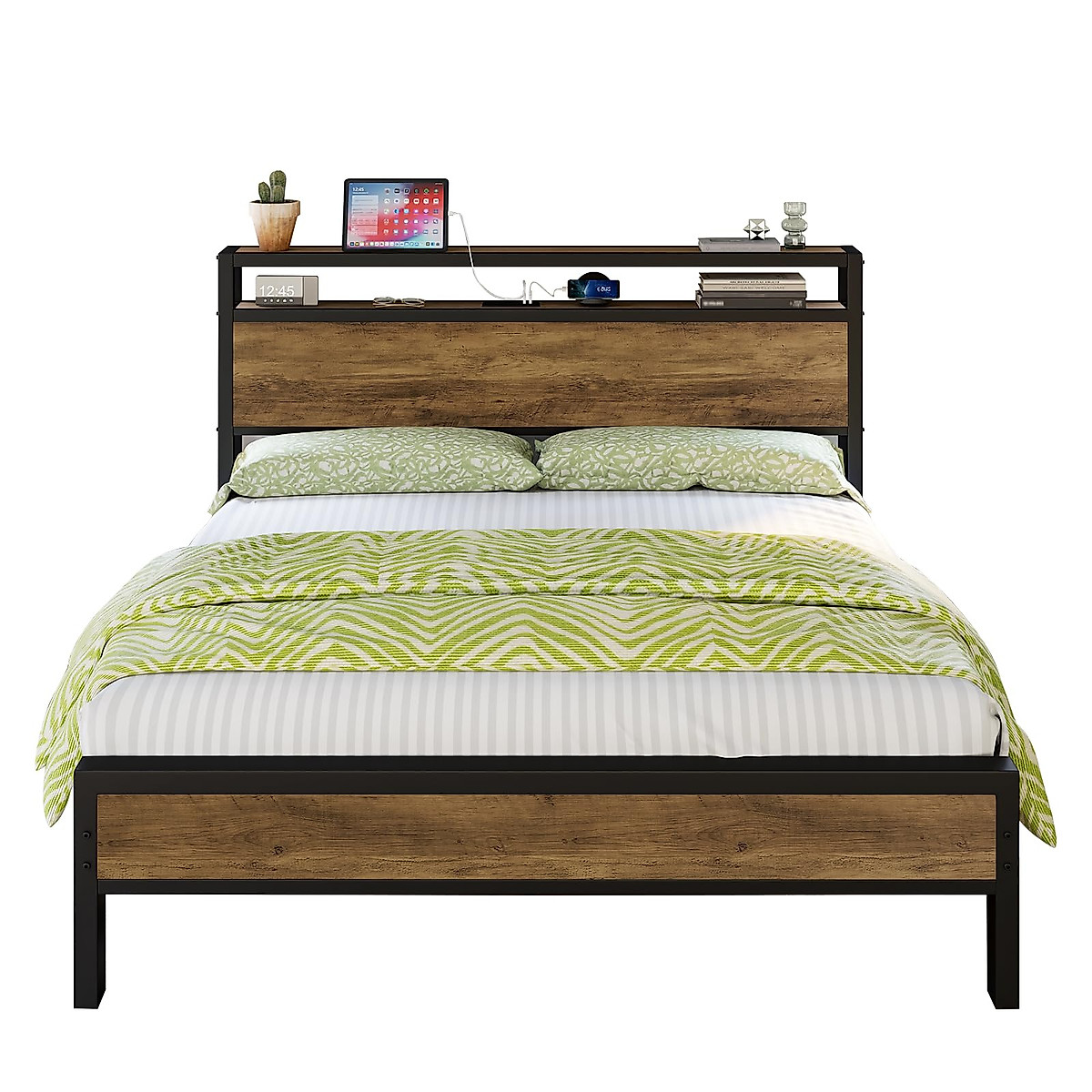Queen Size Bed Frame, Platform Bed Frame with 2-Tier Storage Headboard and Charging Station/No Box Spring Needed/Noise Free/Industrial/Light Brown