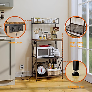 OIRBOEUS Oiboeus Kitchen Bakers Rack with Power Outlet Coffee Bar Station Microwave Stand Kitchen Microwave Rack Shelf Kitchen Shelf Rustic Brown