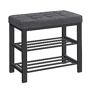 SONGMICS Shoe Bench, 3-Tier Shoe Rack for Entryway, Storage Organizer with Foam Padded Seat, Linen, Metal Frame, for Living Room, Hallway, 12.2 x 23.6 x 19.3 Inches, Dark Gray and Black ULBS576B33
