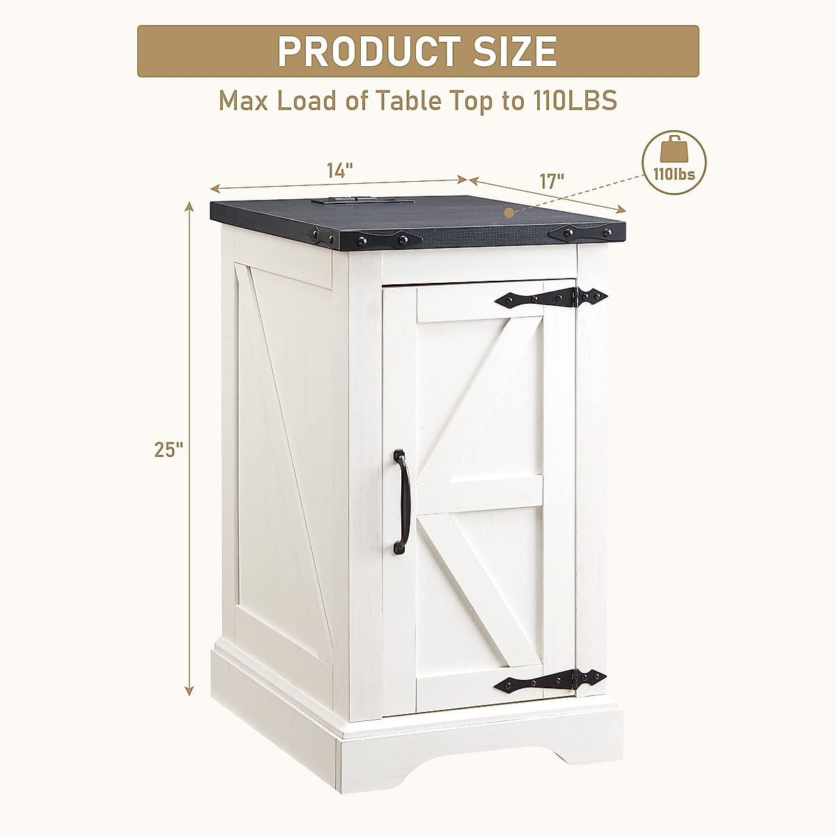 JXQTLINGMU Nightstand with Charging Station, Rectangular Farmhouse End Table with Barn Door and Adjustable Storage Shelf, 17" Deep Wood Rustic Sofa Side Table for Living Room, Bedroom, White