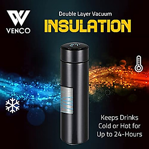 VENCO Stylish Smart Vacuum Flask Thermos Water Bottle – Digital Temperature Control Stainless Steel Water Bottles with LED Touch Screen – 500ml Leak-Proof– Keep Hot or Cold – Blue
