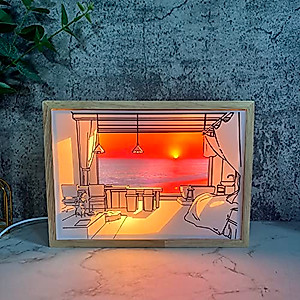 JANARARY Decorative Lamp on Desk, Warm Seaside Design Desktop Illustration Light, USB Low Power Desk Lamp with Morning/Afternoon/Sunset 3 Modes