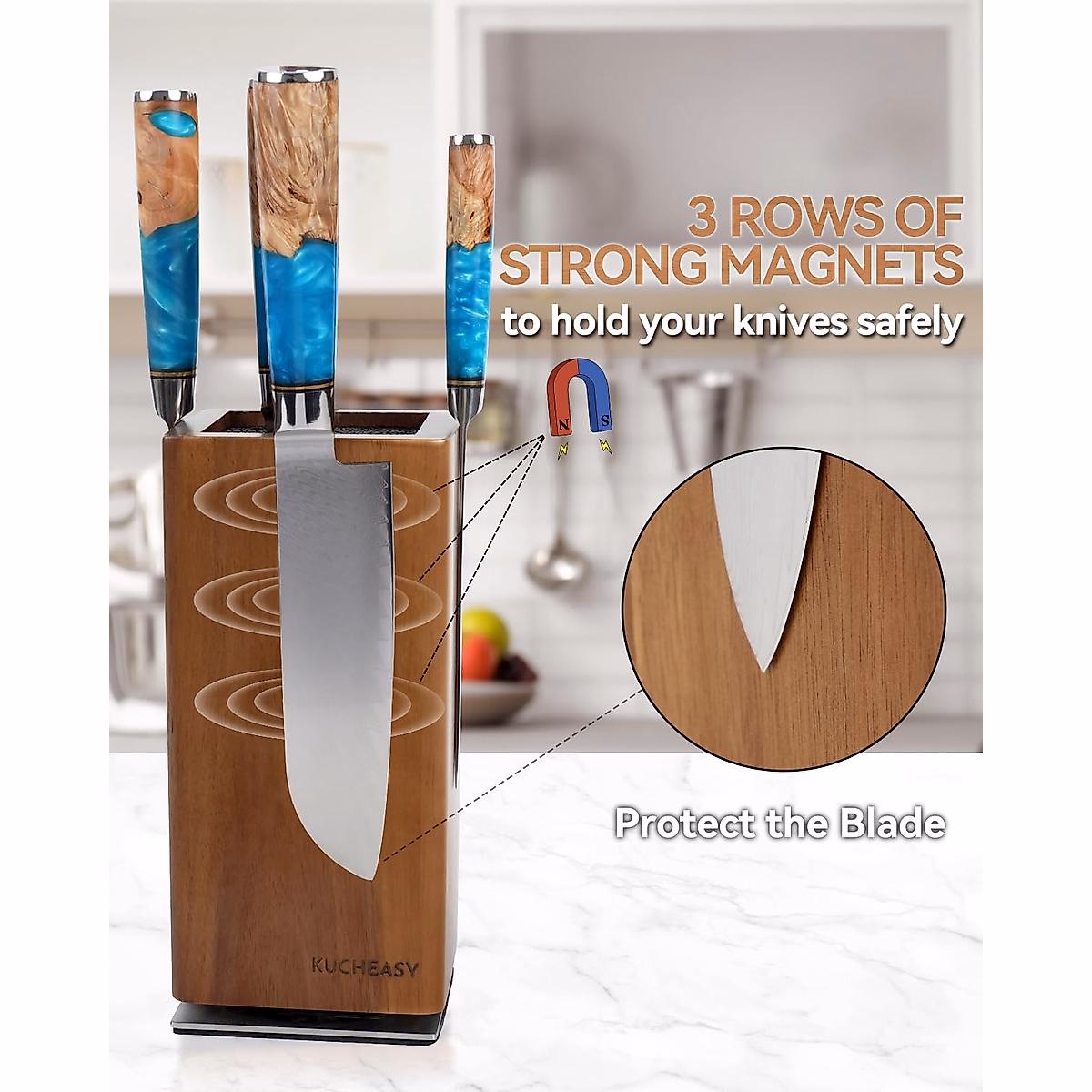 KUCHEASY Magnetic Knife Block 360° Rotating Wood Universal Knife Holder with Four Side Ultra Strong Magnets, Knife Storage Rack with Removable Bristles, Multifunctional Storage for Kitchen Counter Top