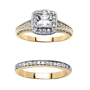 PalmBeach Yellow Gold-Plated Princess Cut Cubic Zirconia Bridal Ring Set Sizes 5-10 Size 7
