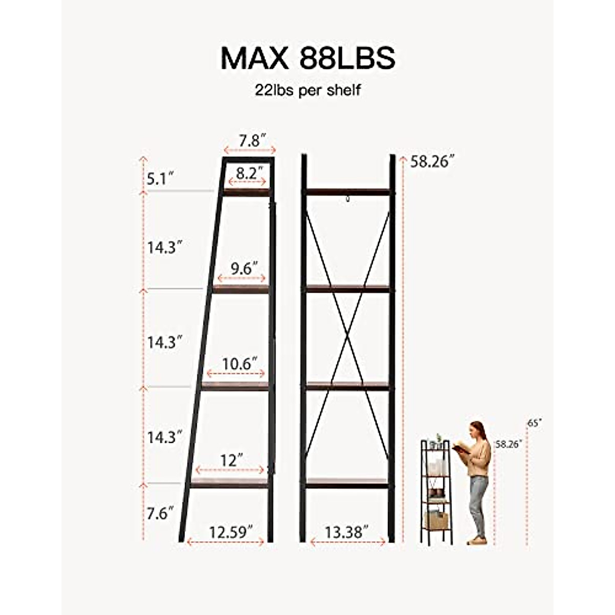 Pipishell Ladder Shelf Bookcase, 4 Tier Bookshelf, Freestanding Plant Flower Stand, Multipurpose Organizer Rack for Home/Office/Living Room/Balcony/Bedroom/Kitchen, Red Brown