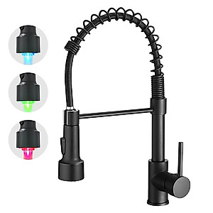 OWOFAN Kitchen Faucet with Sprayer Single Handle Pull Down Sprayer Spring Matte Black Kitchen Sink Faucet with LED Light 9005R