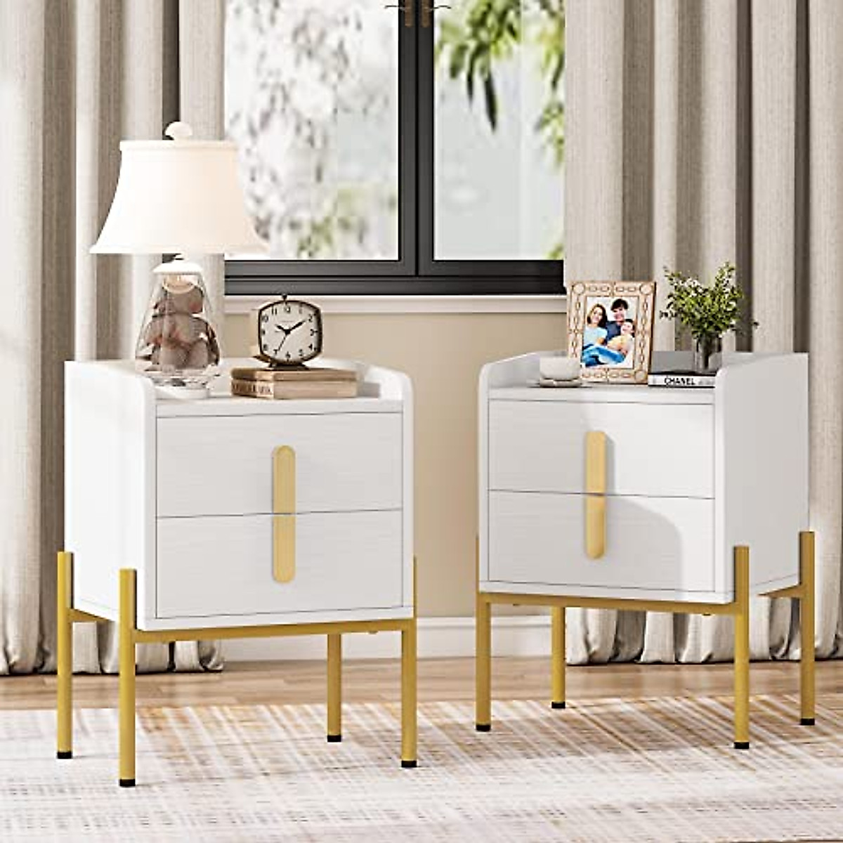 Tribesigns 2-Drawer Nightstands Set of 2, Modern White Gold Nightstand for Bedroom, Wooden Bed Side Table with Storage, Large Night Stand with Gold Metal Frame, Sofa Side Table for Living Room