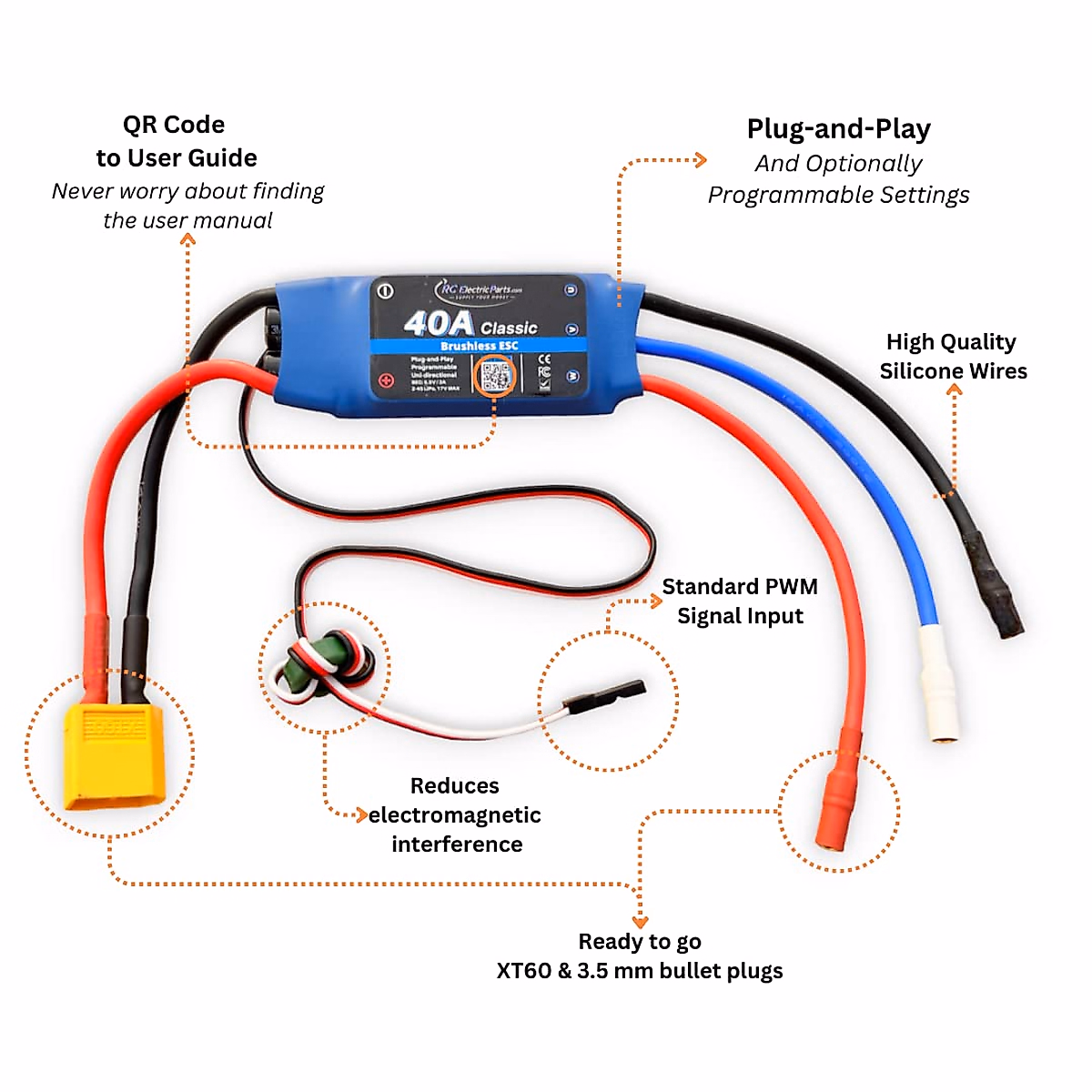 40A RC Brushless Motor Electric Speed Controller ESC 3A UBEC with XT60 & 3.5mm Bullet Plugs