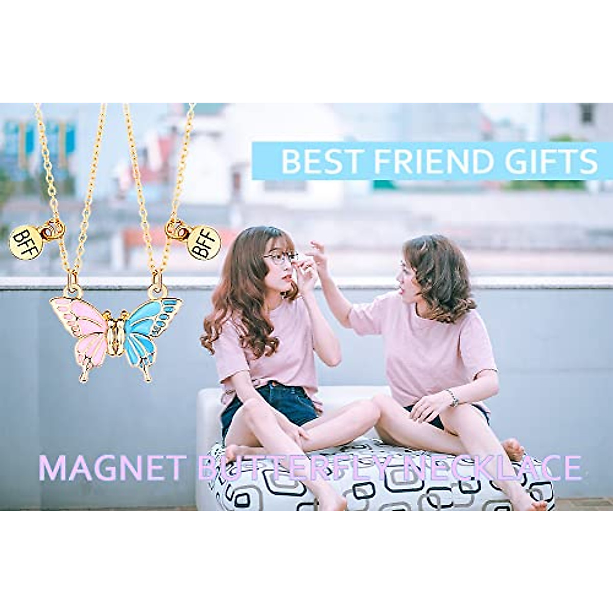 Kefley Best Friend Necklace for 2 Girls Magnetic Butterfly Matching Necklaces for Best Friends Birthday Christmas Gifts for Bff Bestie Necklace for 2 Magnet Necklace