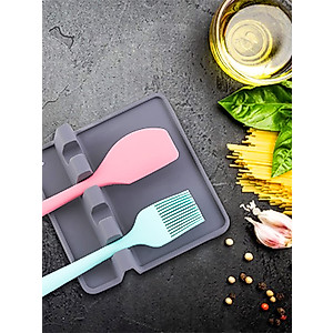 Silicone Spoon Rest with Drip Pad for Stove Top(2PCS), Large Utensil Rest for Multiple Utensils, Heat-Resistant & Dishwasher Safe Kitchen Utensil Holder for Spatula, Ladle, Kitchen Gadgets (Grey)