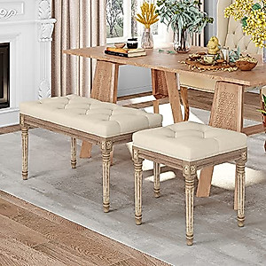 Yusong Upholstered Bench,Bedroom Bench for End of Bed,Piano Bench Dining Bench Entryway Shoe Bench with Button Tufted Padded Seat for Living Room, Vanity Bench Foot-Stool with Carved Wood Legs,Beige